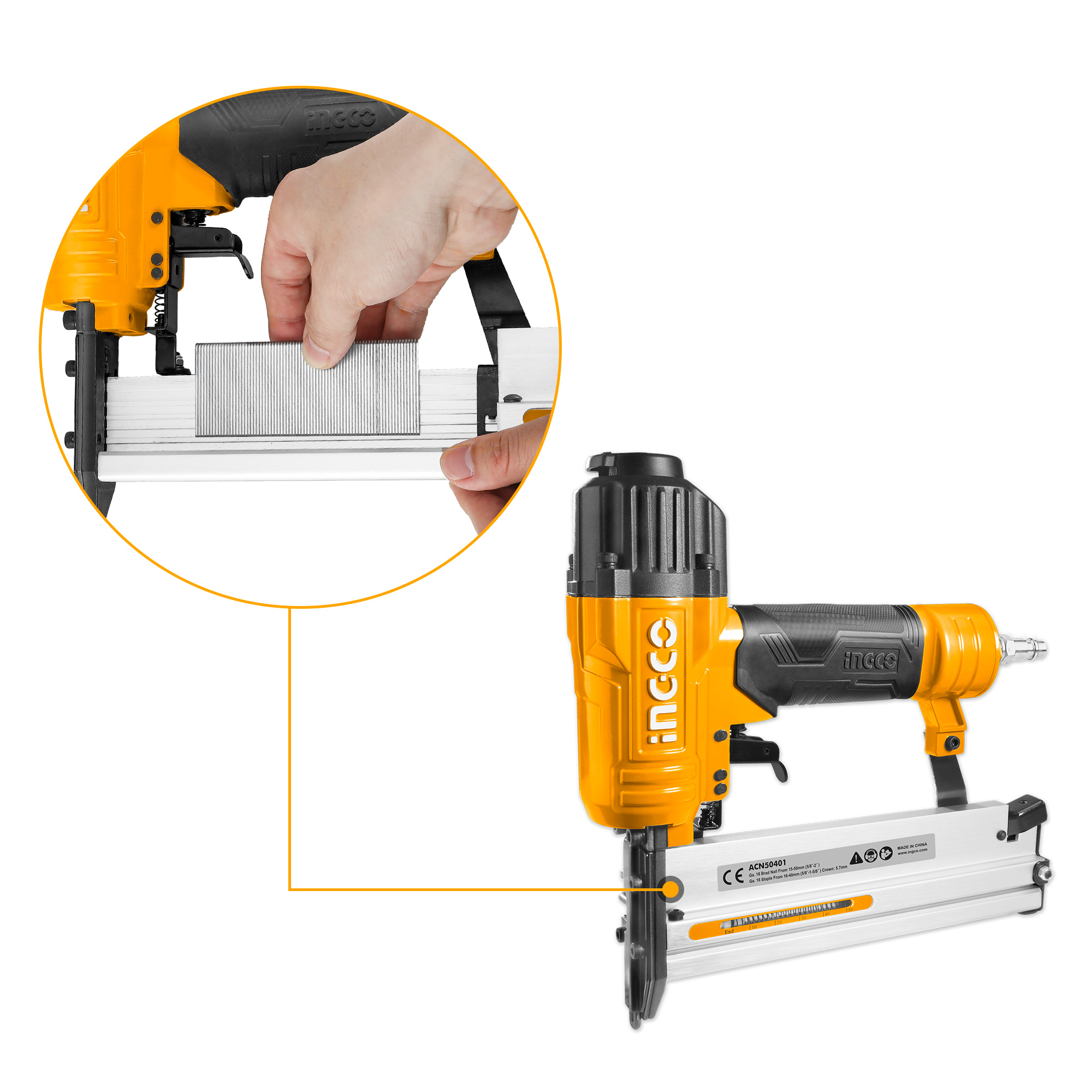 INGCO Air Tools INGCO 2 IN 1 Combo Brad Nailer With 1000 PCS Brad Nails 200 PCS Staples ACN50401
